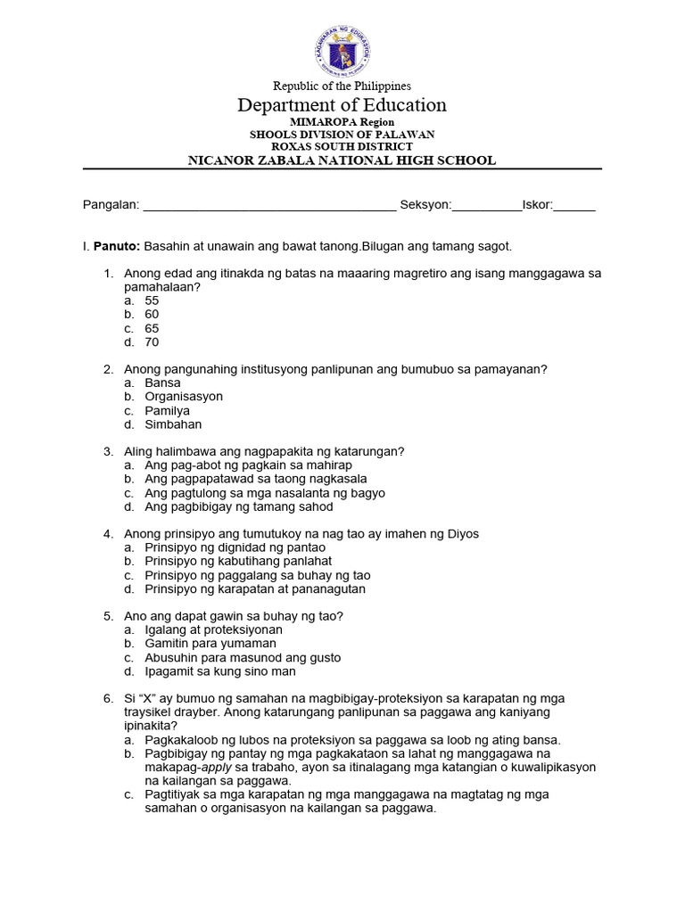 3rd quarter exam ESP | PDF