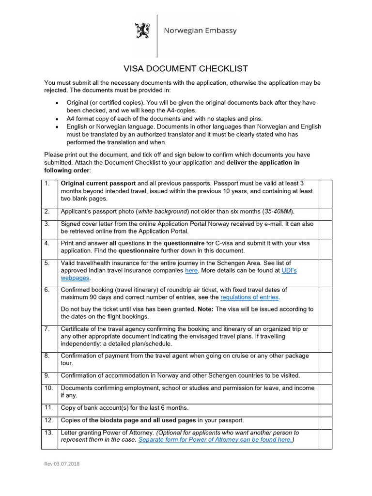 Visa Document Checklist No C Questionnaire July 2018 | PDF | Travel ...