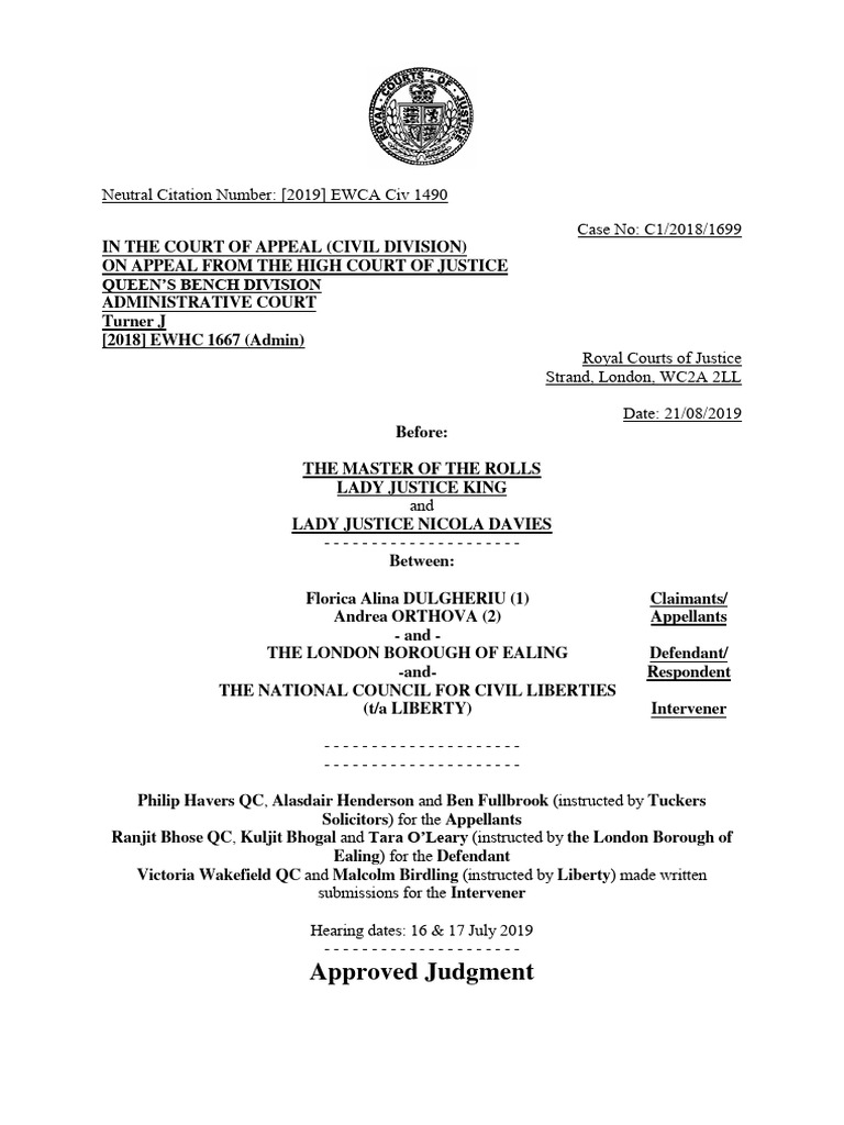 Florica Alina Dulgheriu V The London Borough of Ealing Engla | PDF ...