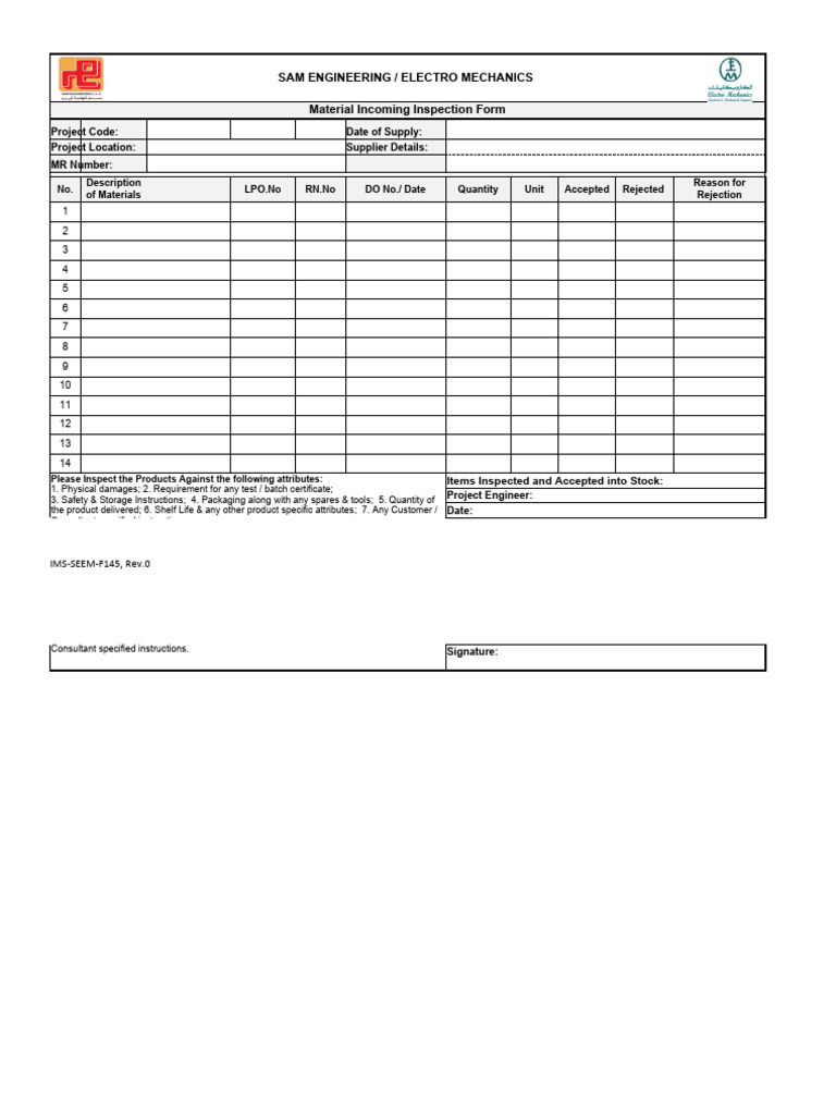 IMS-SEEM-F145 Rev.0 Material Incoming Inspection | PDF