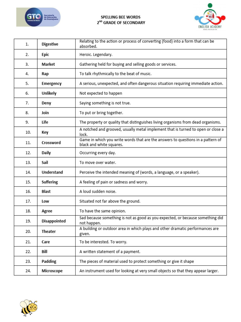 SPELLING BEE Words 2nd Grade Secondary | PDF