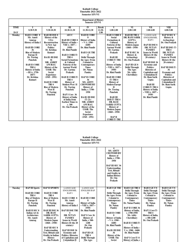 DoH-History-2021-22-Master-Timetable-Sem-IIVVI-1-1 | PDF