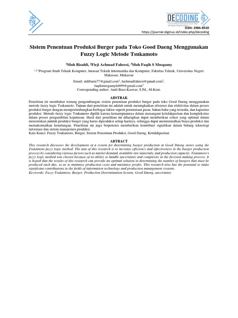 Sistem Penentuan Produksi Burger Pada Toko Good Daeng Menggunakan Fuzzy Logic Metode Tsukamoto Pdf 