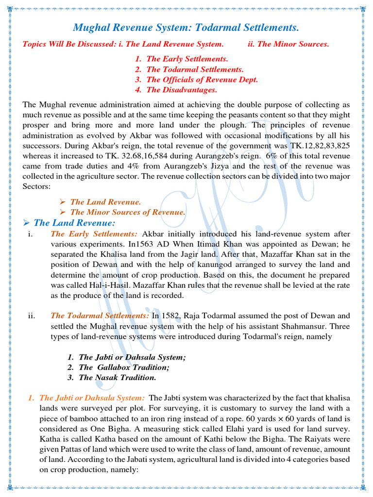 Mughal Revenue System: Todar-Mal Settlements | PDF | Mughal Empire | Taxes
