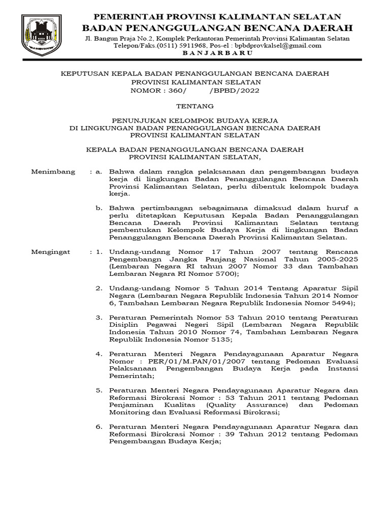 SK Kelompok Budaya Kerja - BPBD 2022 | PDF