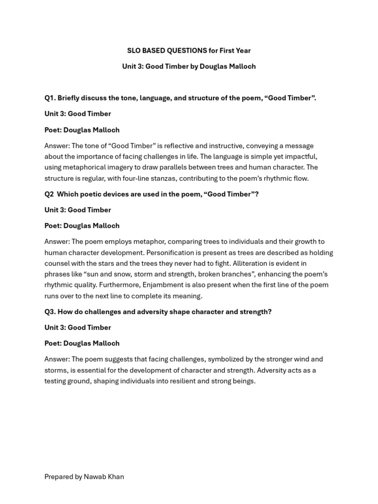 Chapter 3 Slo Based Questions First Year | PDF | Poetry