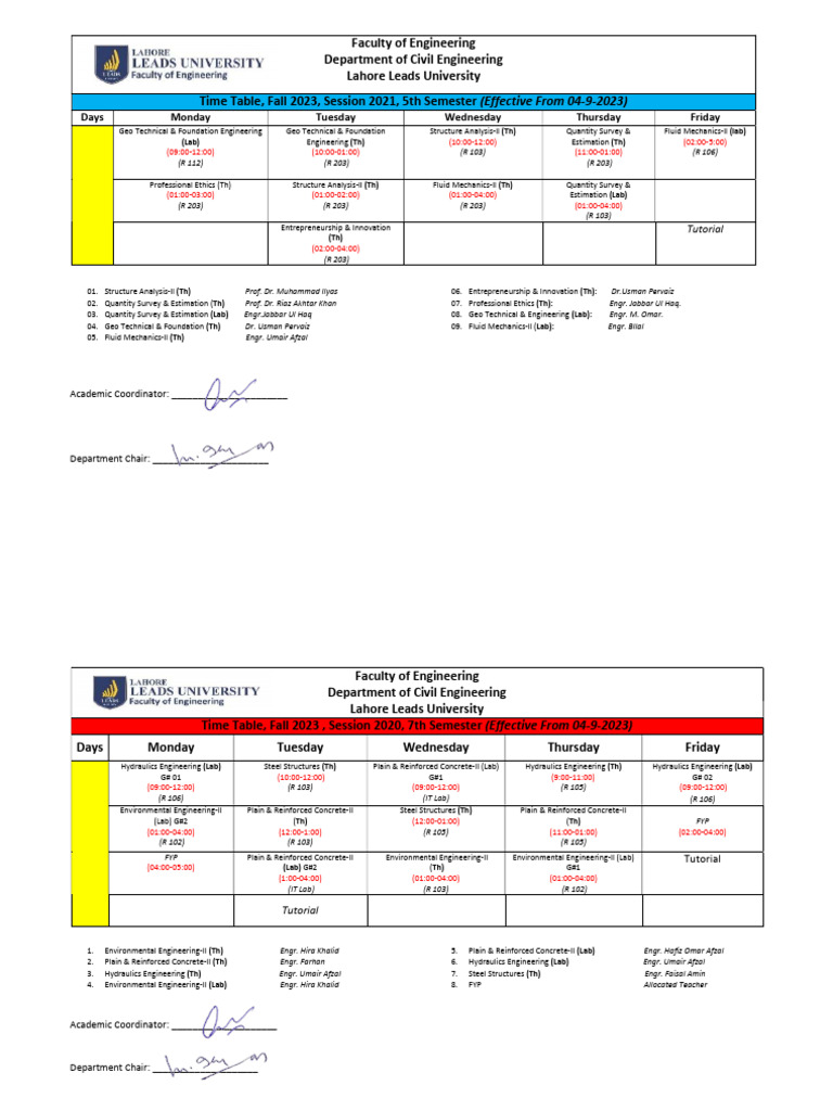Time Table Fall 2023 | PDF | Engineering | Science