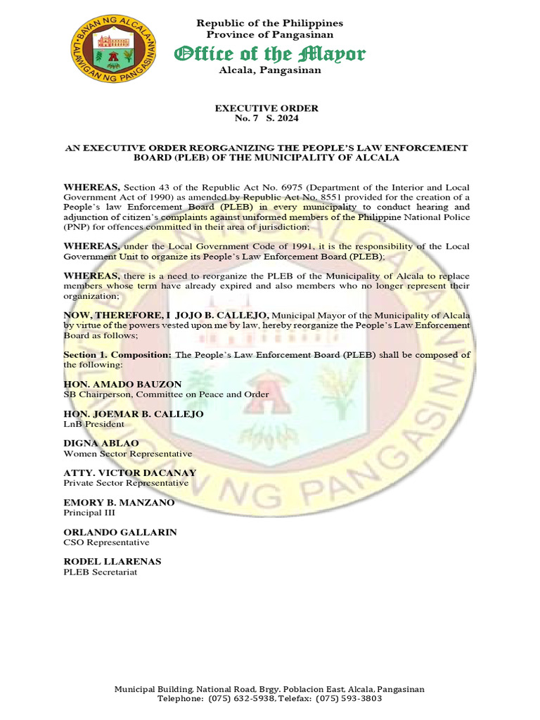 Executive Order 7 S. 2024 Re-Organizing PLEB of The Municipality of Alcala, Pangasinan | PDF ...