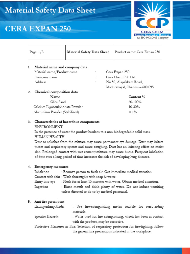 20180817185410MSDS Cera Expan 250 | PDF | Chemical Substances | Building Materials