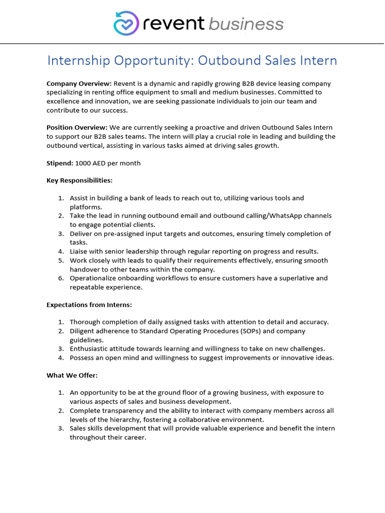 Revent Business Internship JD - B2B Sales | PDF | Sales | Customer ...