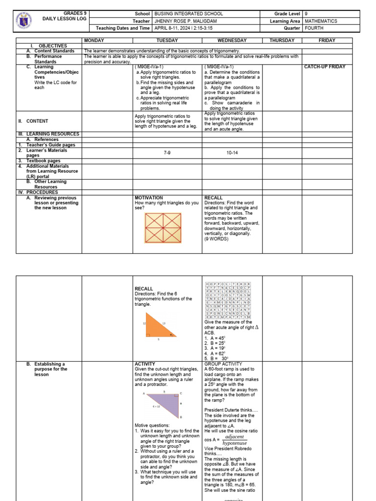 DLL For LC 43.2a - B-Solving Right Triangle (Joya) | PDF | Triangle ...