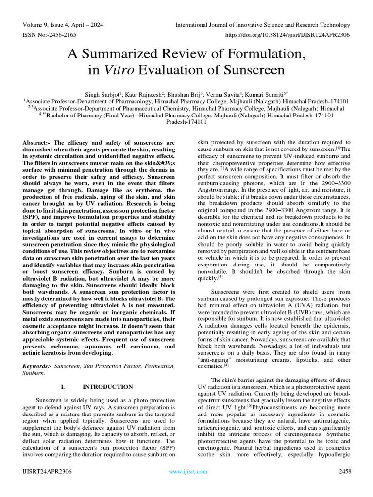 A Summarized Review Of Formulation In Vitro Evaluation Of Sunscreen Pdf Sunscreen Ultraviolet