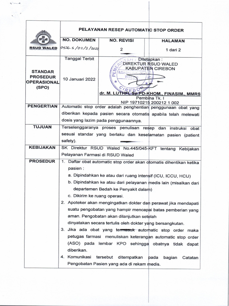 SPO PELAYANAN RESEP AUTOMATIC STOP ORDER | PDF