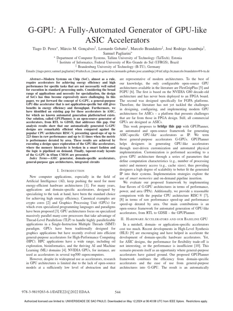 G-GPU A Fully-Automated Generator of GPU-like ASIC Accelerators | PDF ...