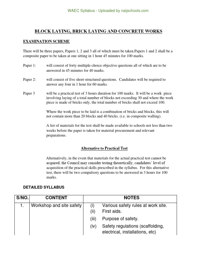 WAEC Syllabus For Blocklaying Bricklaying and Concreting | PDF ...
