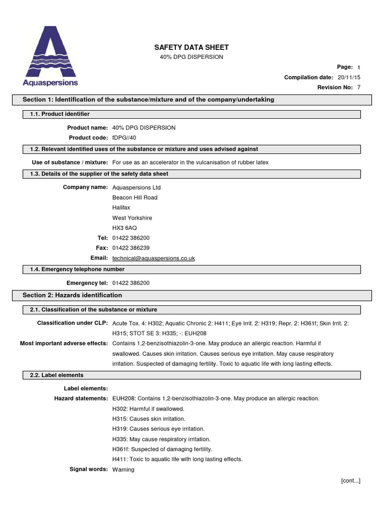 40% DPG Dispersion Safety Data Sheet | PDF | Toxicity | Hazards