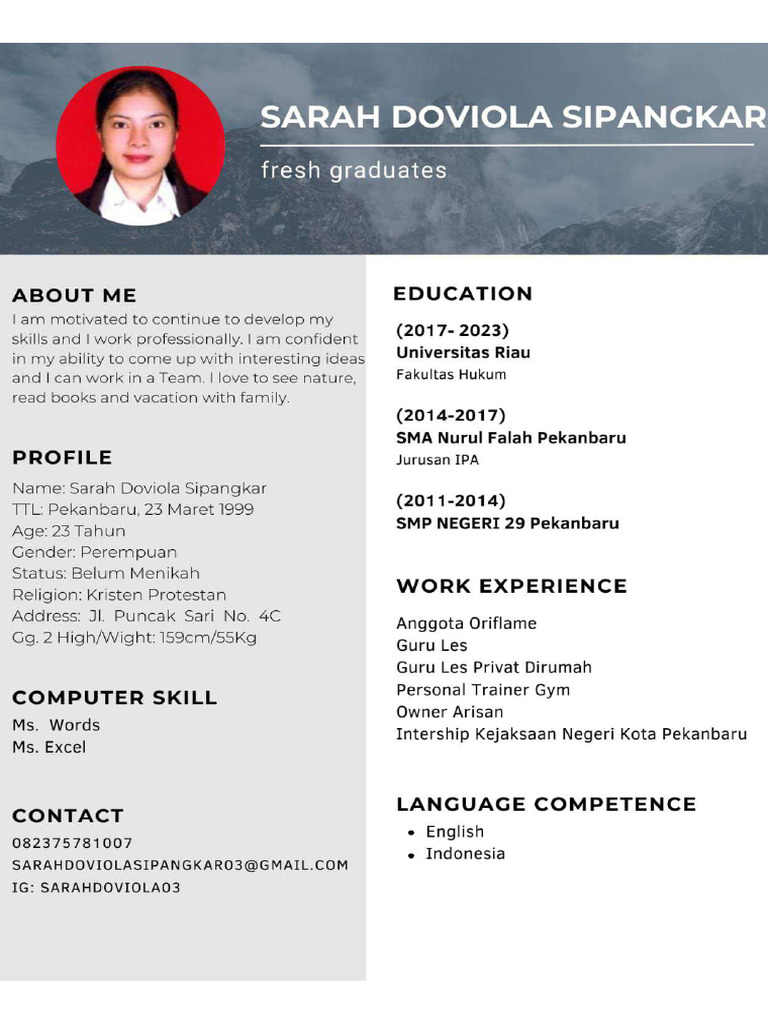 CV Sarah Doviola Sipangkar | PDF