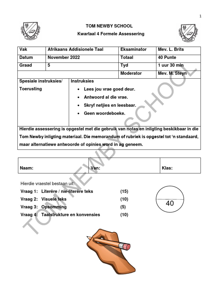 Grade 5 Afrikaans Script November 2022 | PDF