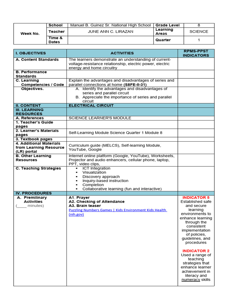 COT 1 SERIES AND PARALLEL | PDF | Series And Parallel Circuits | Learning