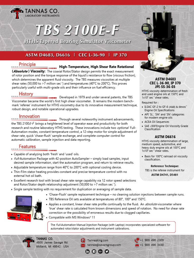 TBS 2100E-F HTHS Viscometer - Tanans & Kings | PDF | Viscosity | Motor Oil