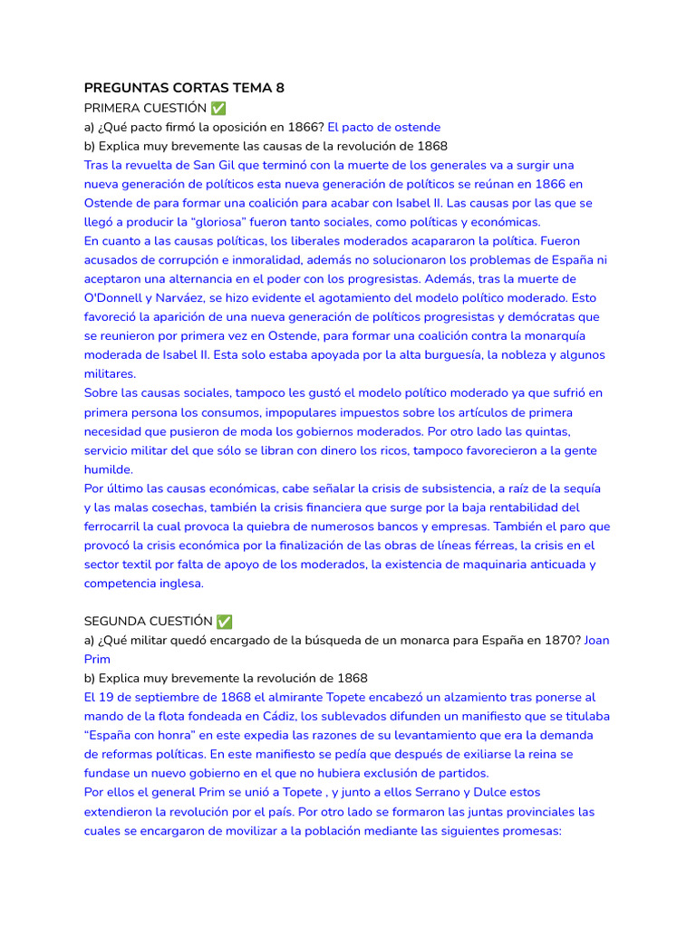 Preguntas Cortas Tema 8 | PDF | Política de españa | Gobierno