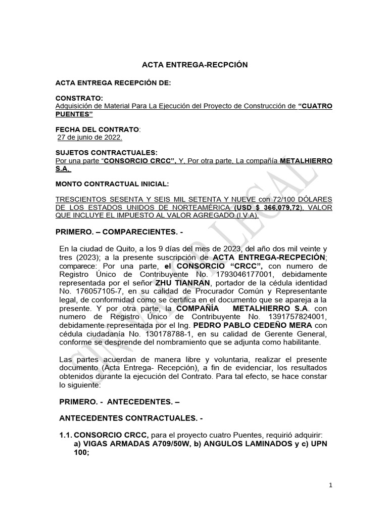 Acta entrega Recepcion cumplimiento de contrato DF. | PDF