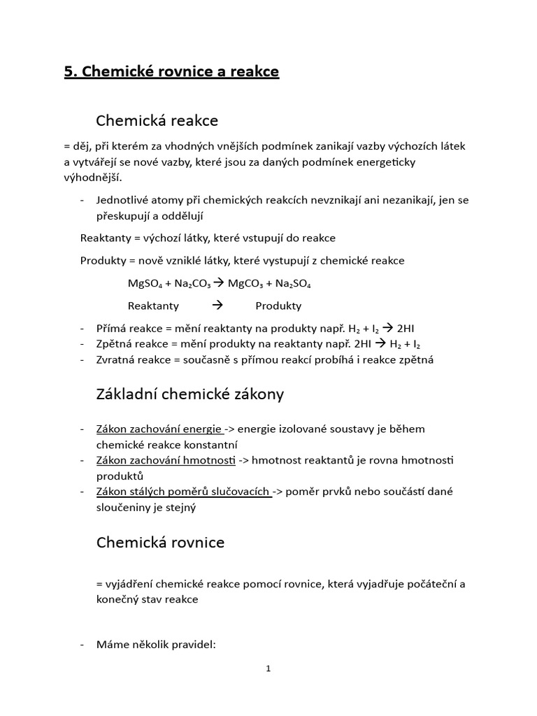 Chemické Rovnice A Reakce | PDF