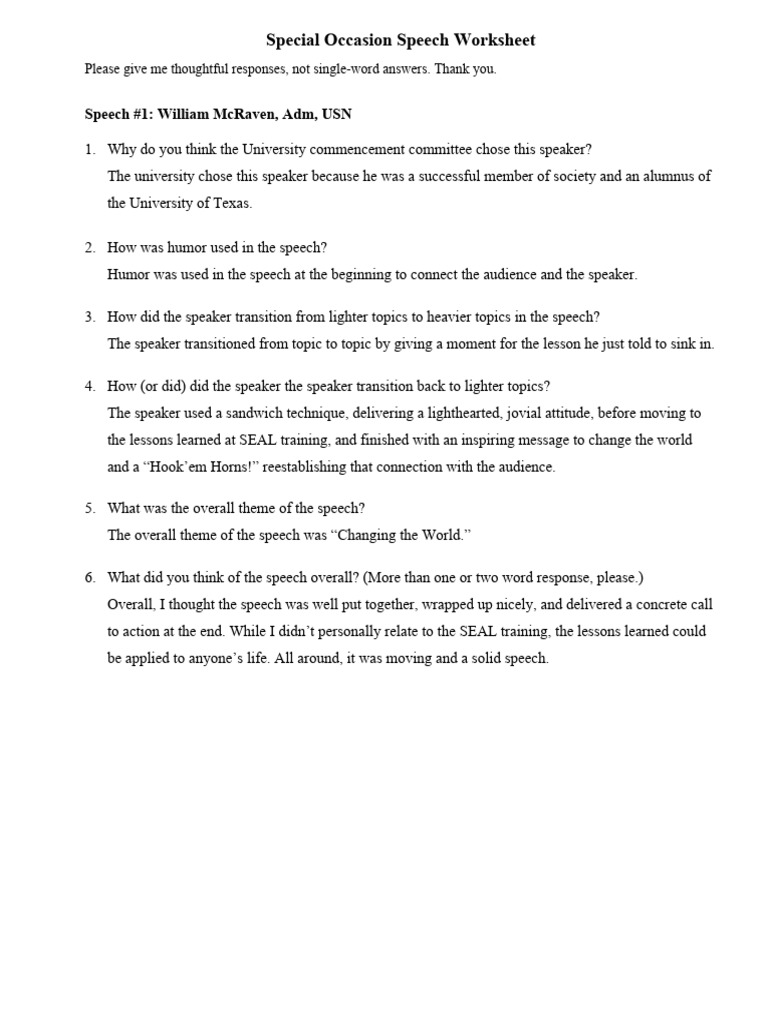 Special Occasion Speech Analysis Worksheet | PDF | Career & Growth ...