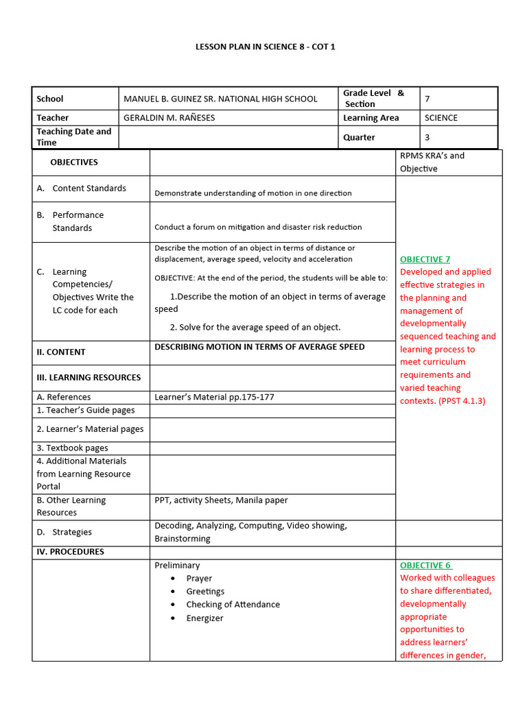 Lesson Plan in Average Speed COT 1 | Download Free PDF | Learning ...