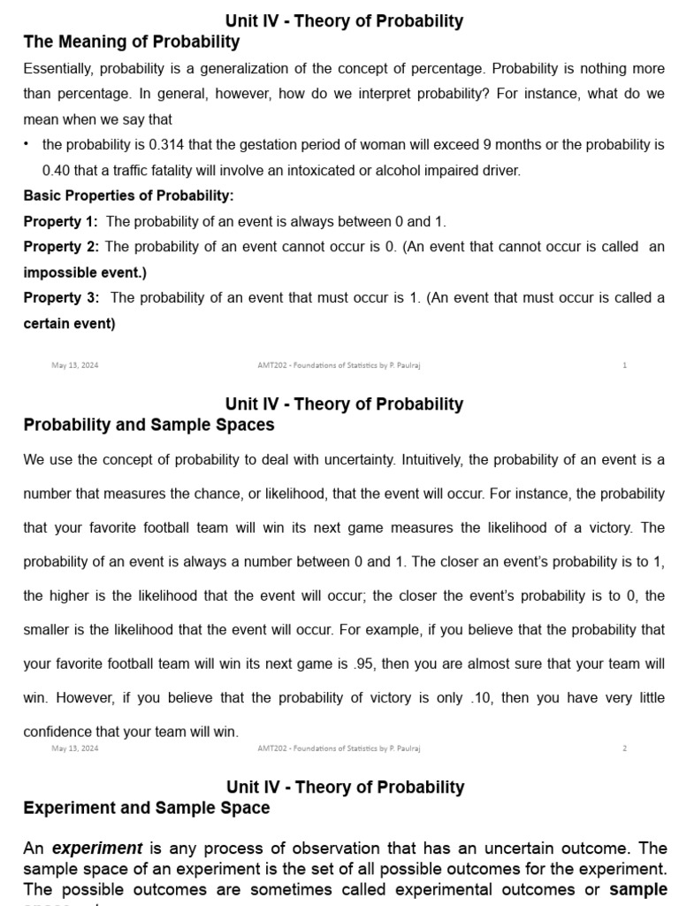 Unit IV Theory of Probability & Probability Distributions | Download ...