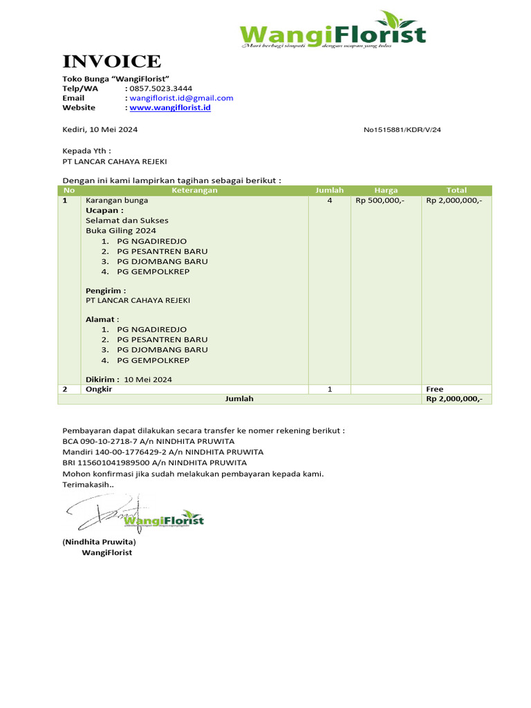 Invoice Karangan Bunga untuk PT Lancar | PDF | Bisnis | Pengelolaan ...