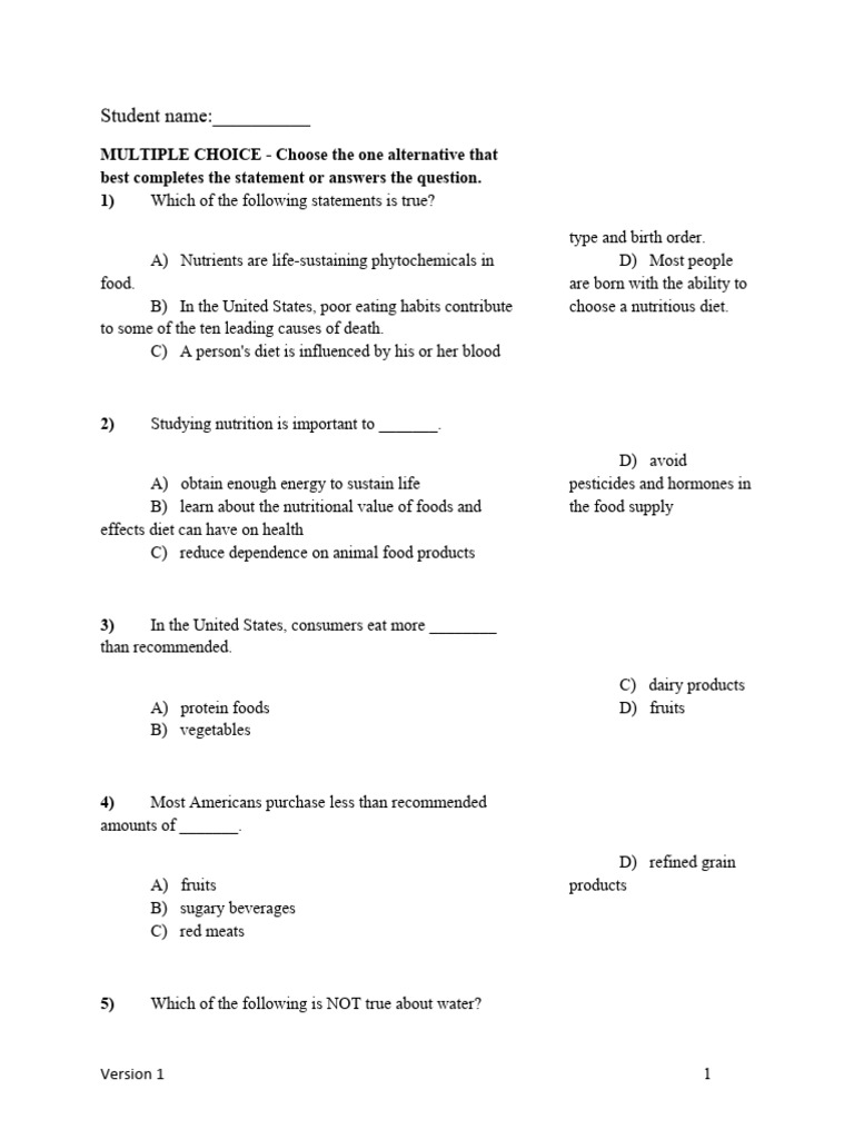 Nutrition Test Questions and Answers | PDF | Nutrients | Nutrition