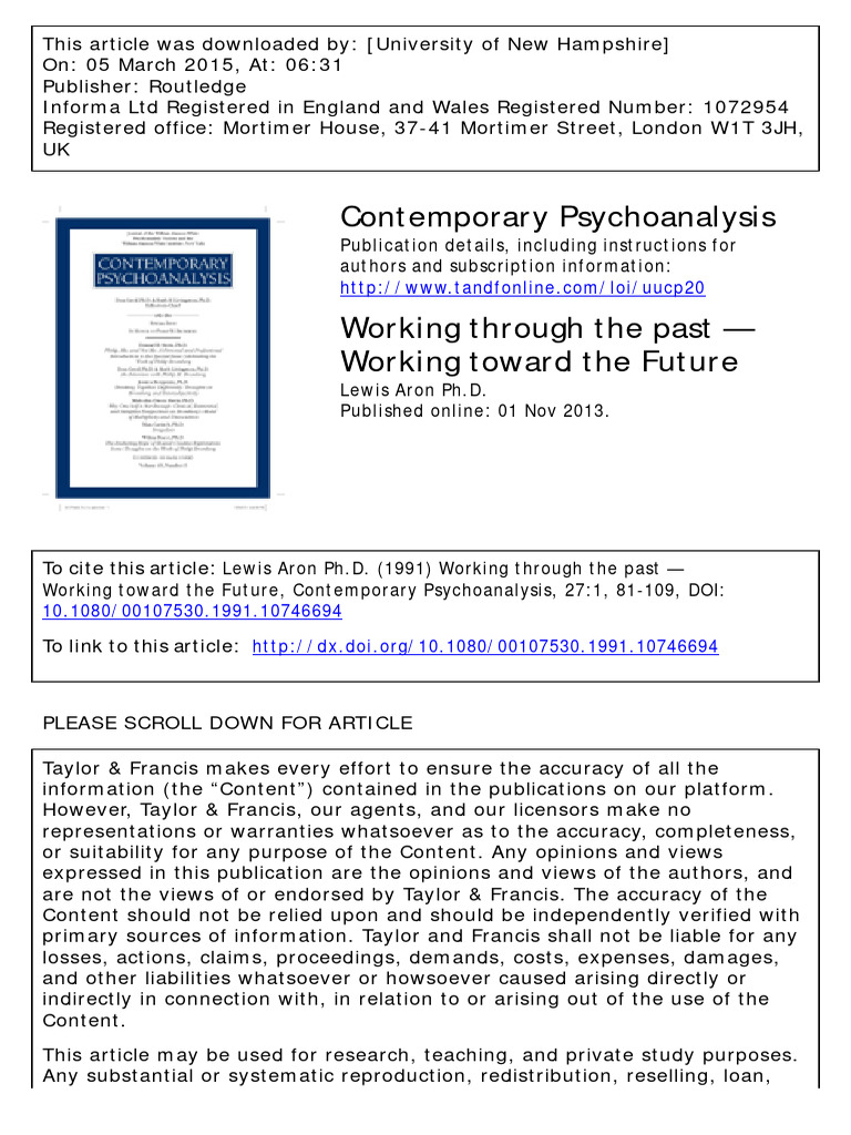 Aron - Working Through The Past - Working Toward The Future | PDF | Id | Psychoanalysis