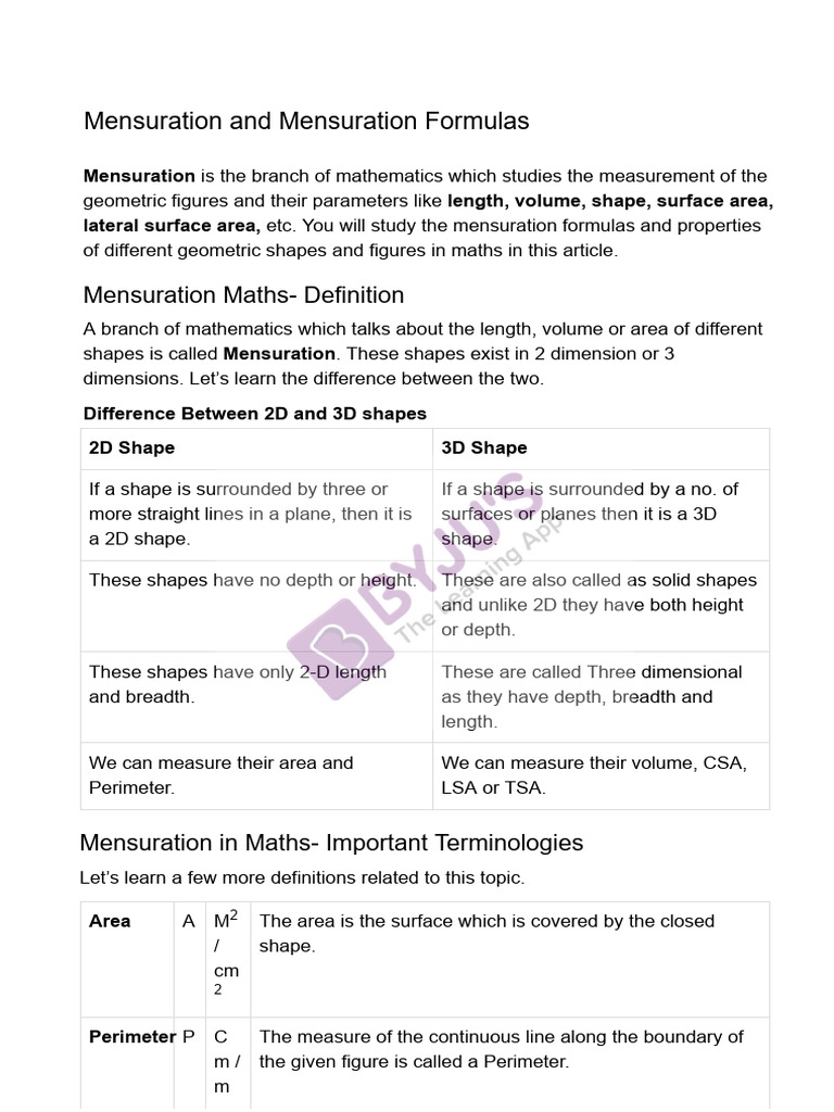 Mensuration and Mensuration Formulas PDF 2 | PDF | Area | Shape