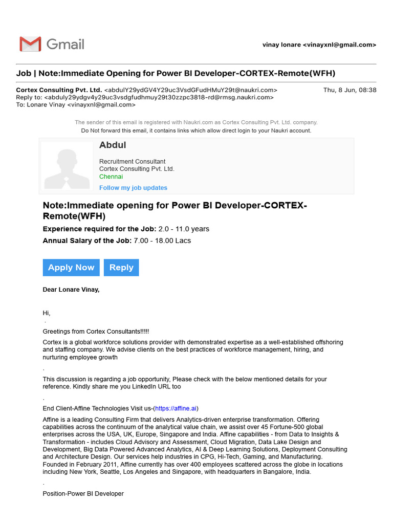 Job NoteImmediate Opening For Power BI Developer-CORTEX-Remote (WFH) | PDF | Consultant ...