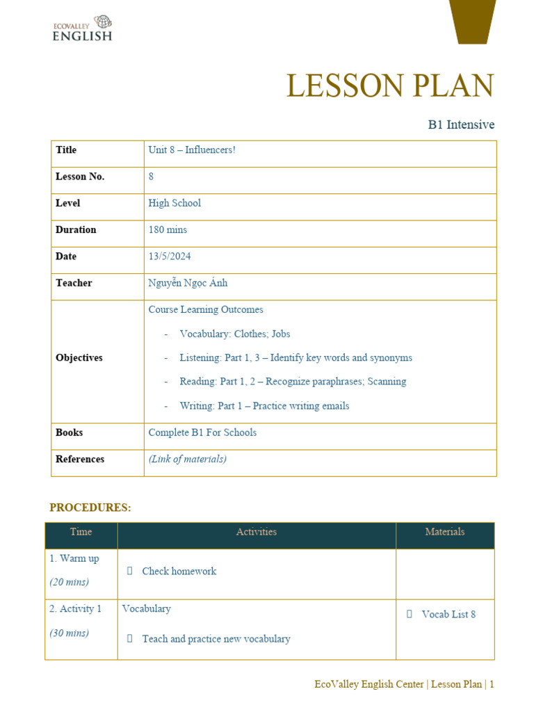 Unit 8 - Lesson Plan - B1 Intensive | PDF | Lesson Plan | Worksheet