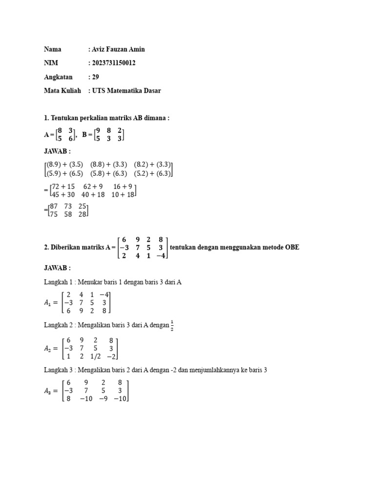 UTS Matematika Dasar: Matriks & Limit | PDF