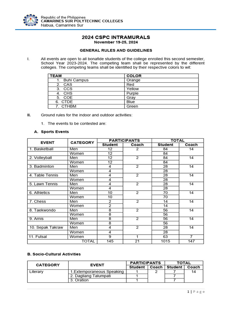 2024 CSPC INTRAMURALS Final Guidelines 2 | PDF | Dances | Songs