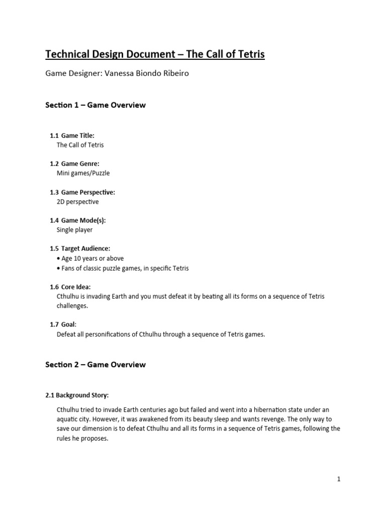 Technical Design Document - Tetris Game | PDF