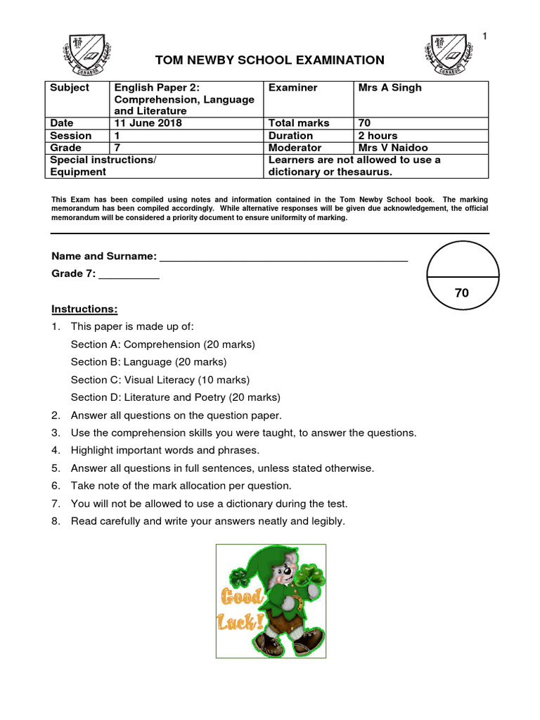 GR 7 Eng Paper 2 and Memo June 2018 | PDF | Noun | Grammatical Tense