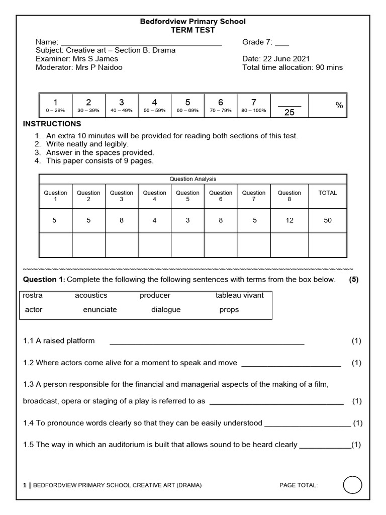 Grade 7 June Drama Test 2021 | PDF