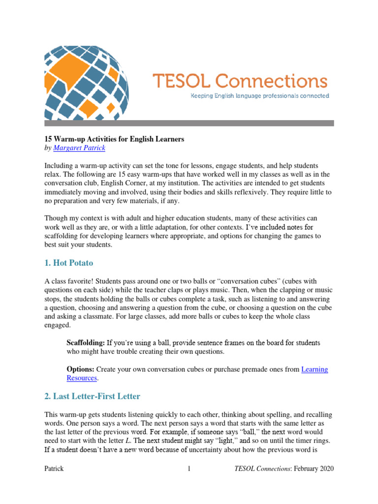 15 Warm-Up Activities for ESL Classes | PDF | Adjective | English As A ...