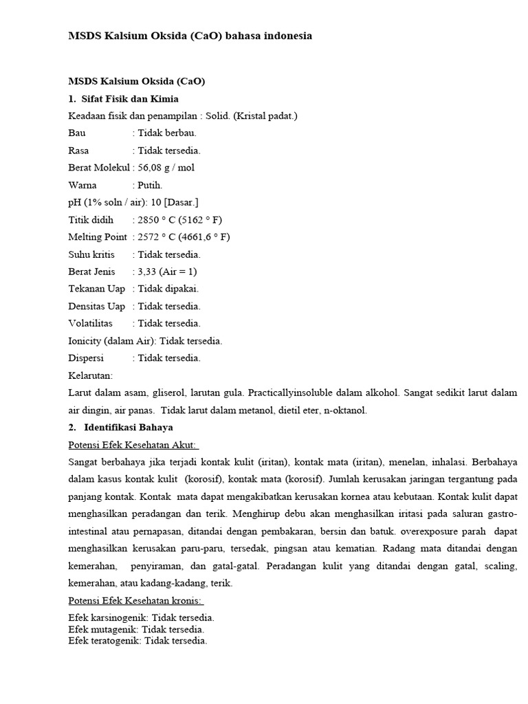 MSDS Kalsium Oksida (CaO) Indonesia | PDF | Memasak, Makanan, & Anggur