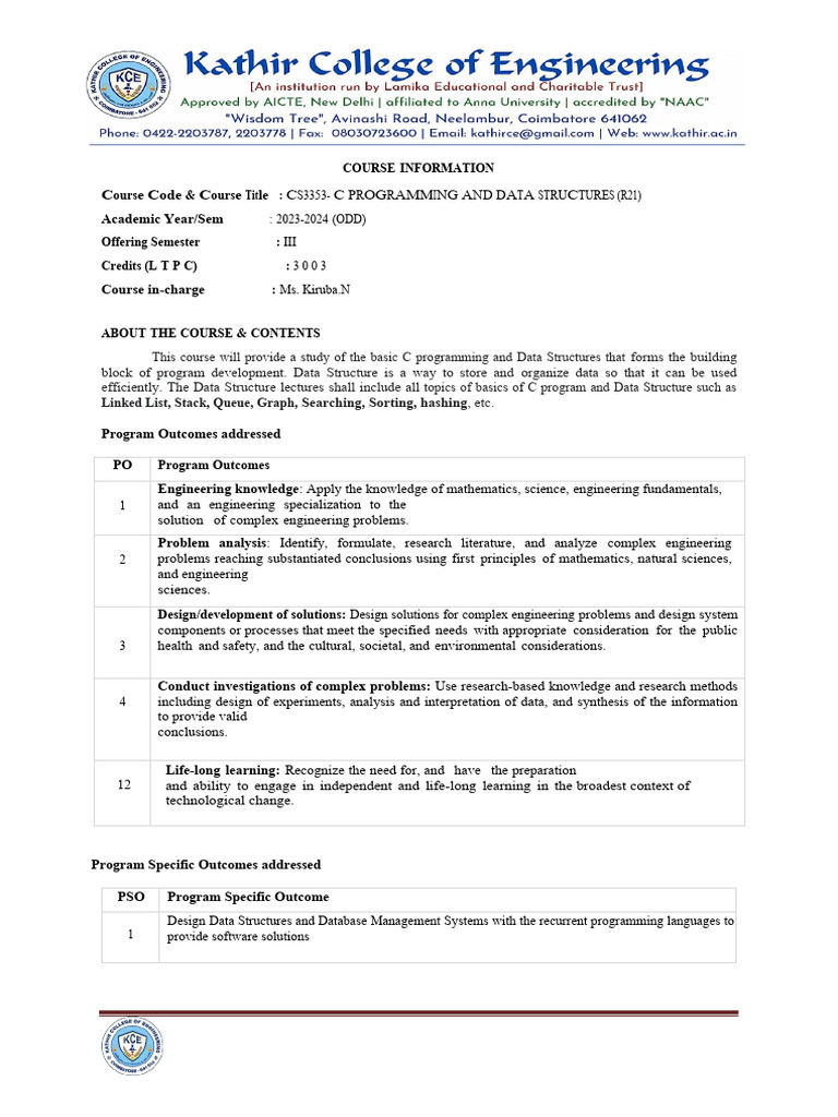 C and DATA STRUCTURE-Course Information | PDF | Computing | Computer ...