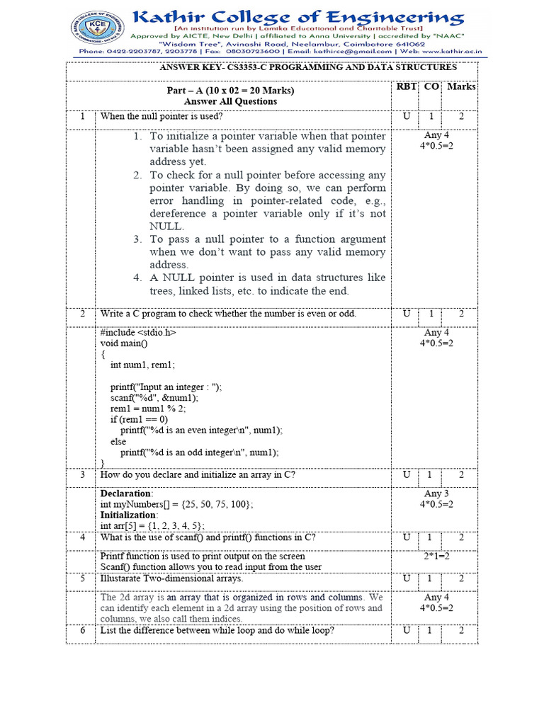 Cia 1 Answer Key C&DS | PDF | Pointer (Computer Programming) | Control Flow