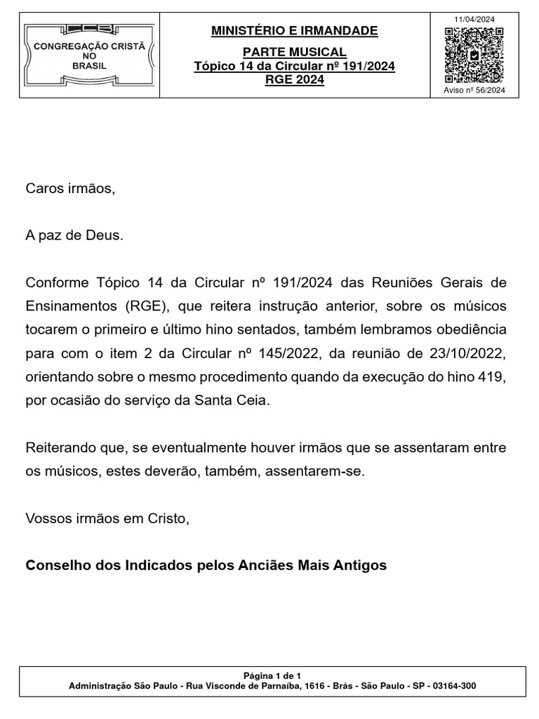 Ministério E Irmandade Parte Musical Tópico 14 Da Circular Nº 191/2024 ...