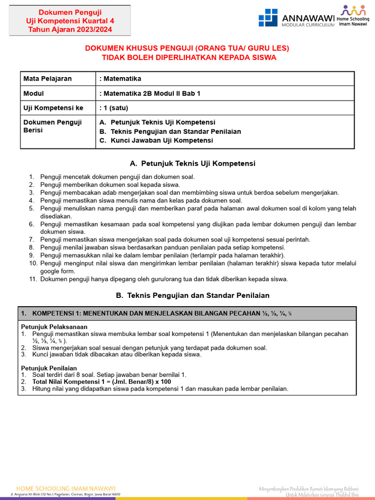 Kelas 2B - Dokumen Penguji - Uji Kompetensi 1 Matematika K4 | PDF