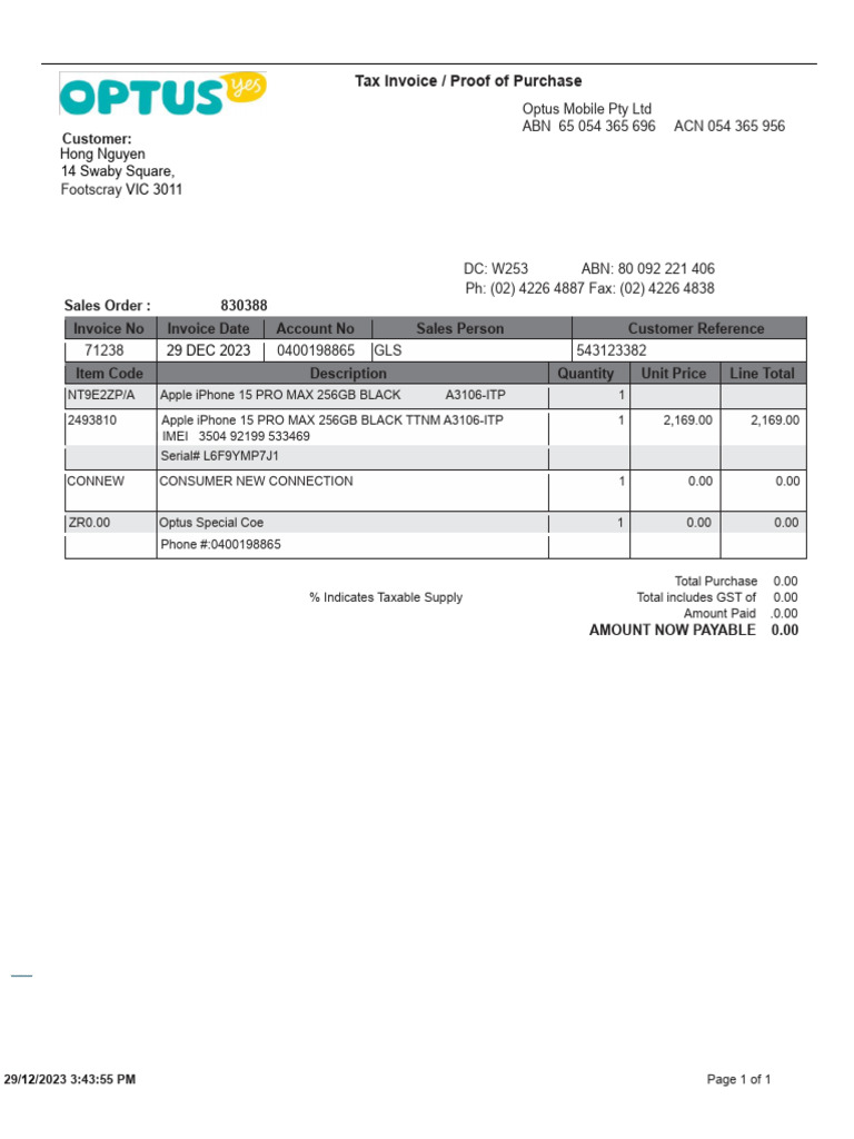 Optus Australia Iphone XS 2018 | PDF | Invoice | Apple Inc. Hardware