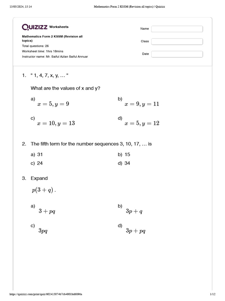 Mathematics Form 2 KSSM (Revision all topics) _ Quizizz | PDF | Circle ...