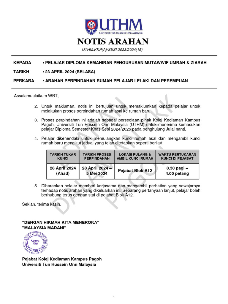 Notis Arahan Pindah Rumah Pelajar Mutawif April 2024 | PDF